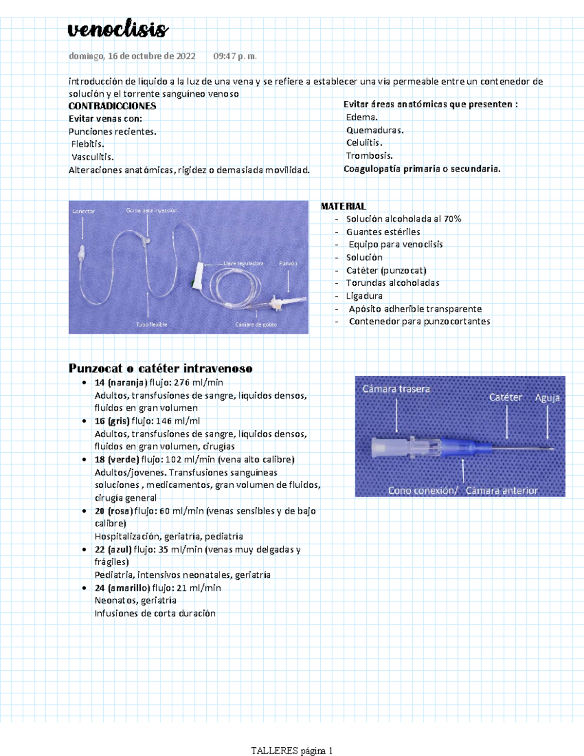 Técnica de Venoclisis: Guía para el Taller de Enfermería - Studocu