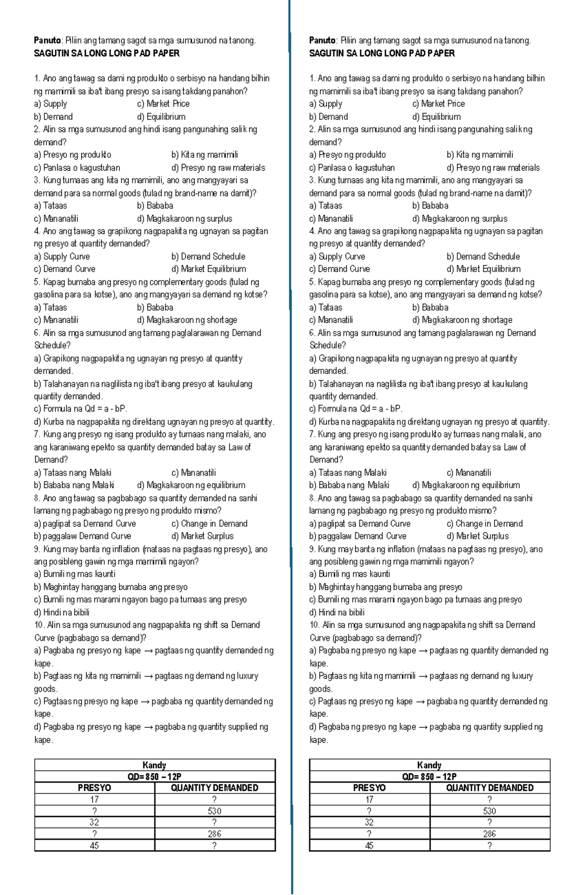 QUIZ 1 AP 9 Q2 - Demand at Supply Concepts in Araling Panlipunan 9 ...