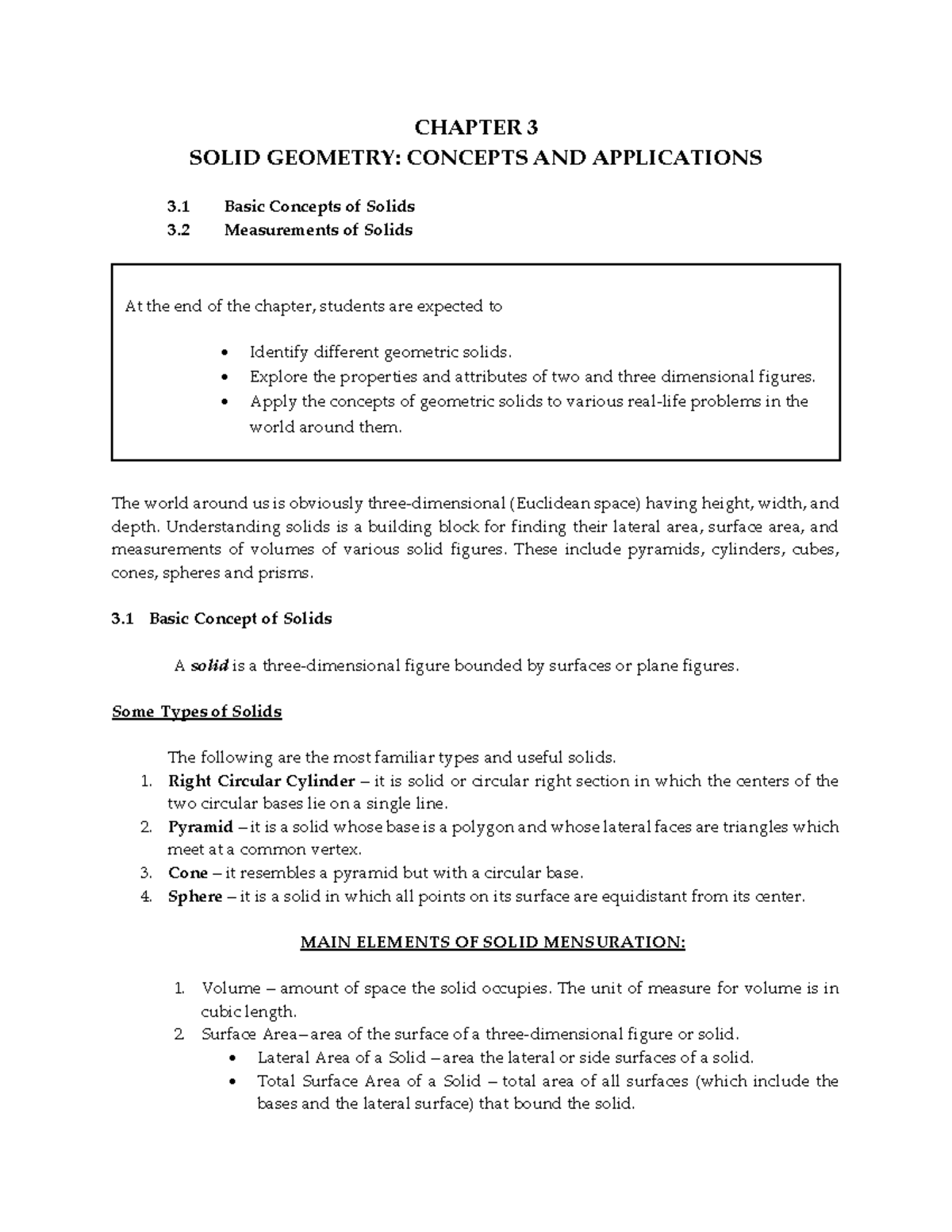 Chapter 3 Solid Geometry Concepts AND Applications - CHAPTER 3 SOLID ...