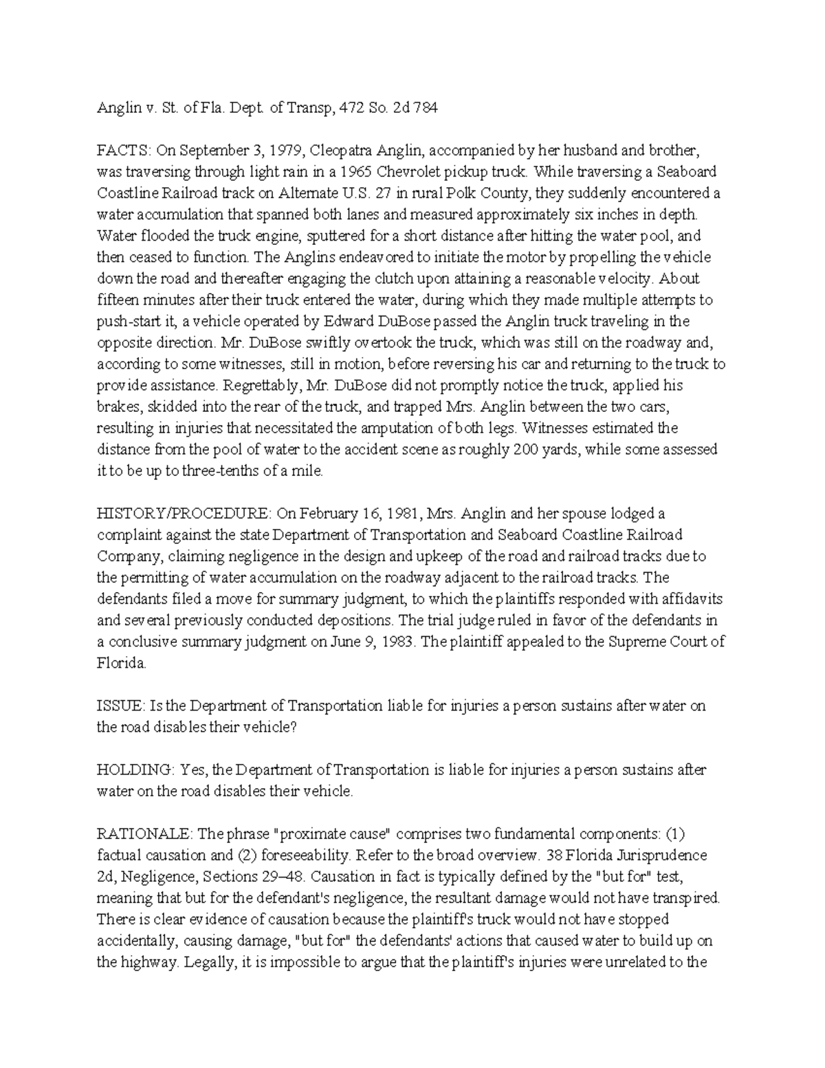 Summary of Anglin v. State Dept. of Transportation Case Study - Studocu