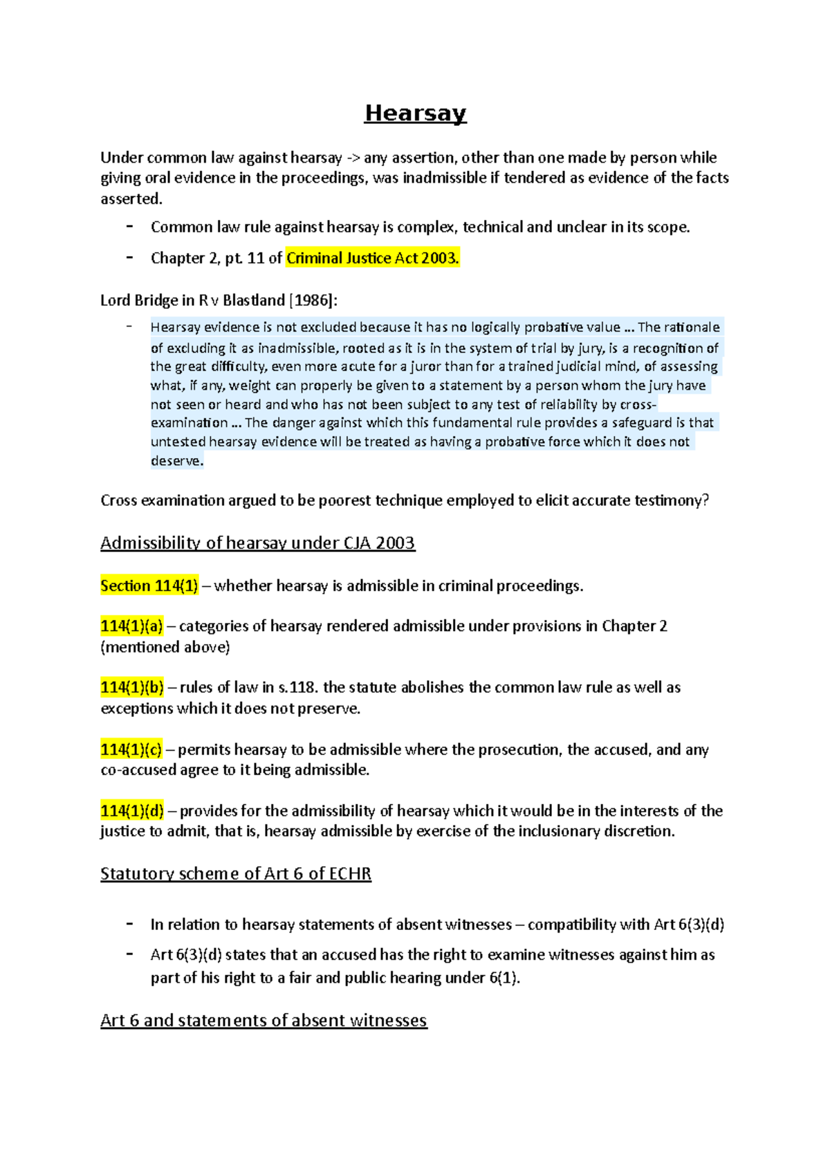 Hearsay I - Lecture Notes on Admissibility and Legal Principles - Studocu