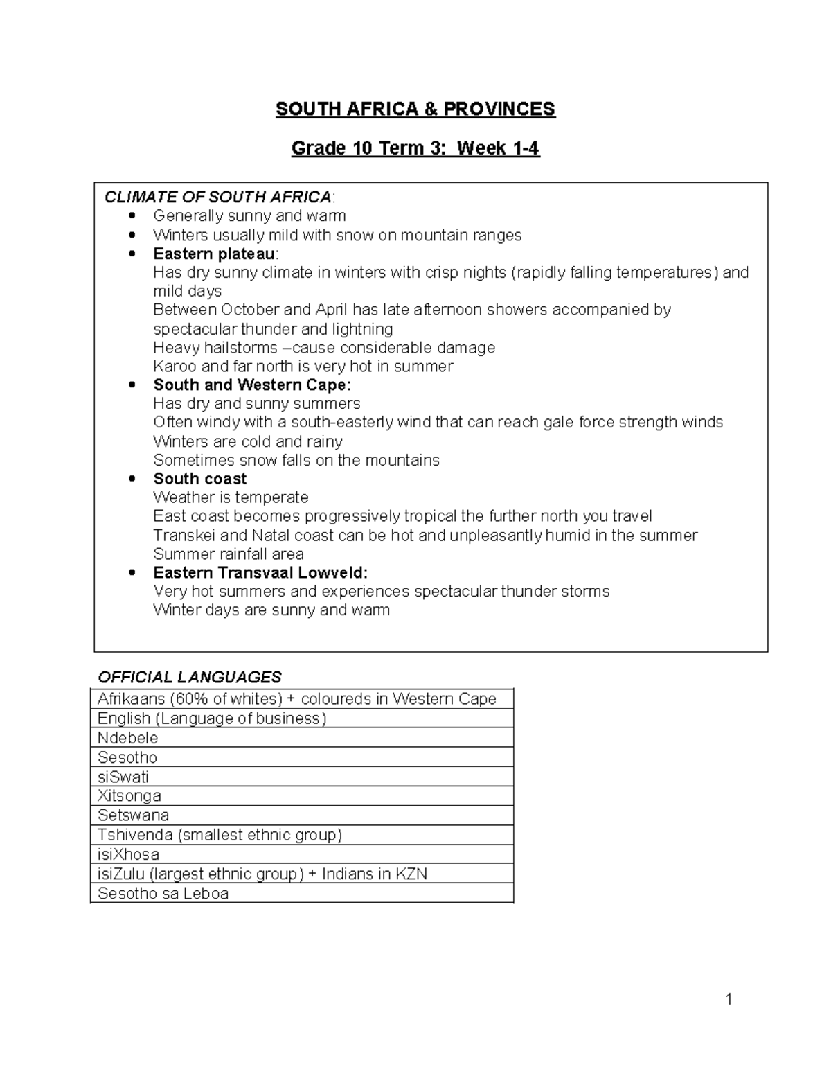 Grade 10 Geography: South Africa's Provinces and Climate Overview - Studocu