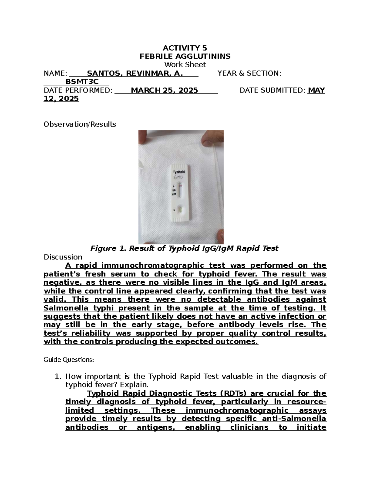 ACTIVITY 5: FEBRILE AGGLUTININS WORKSHEET (BSMT3C) - TYMPHOID TEST ...