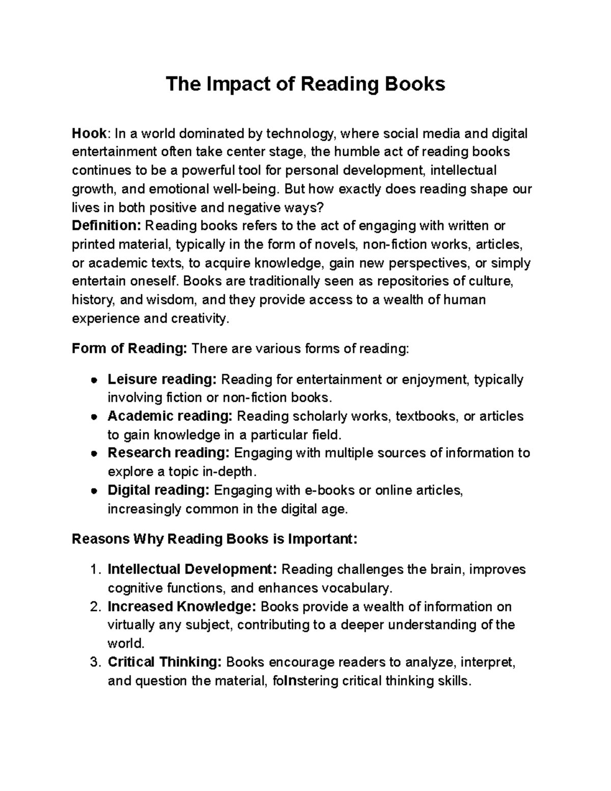 The Impact of Reading Books: Benefits & Challenges (Cá nhân 3) - Studocu