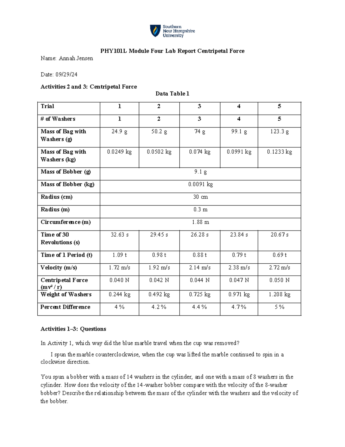 PHY 101L Centripetal Force Lab Report - Module 4 Analysis - Studocu