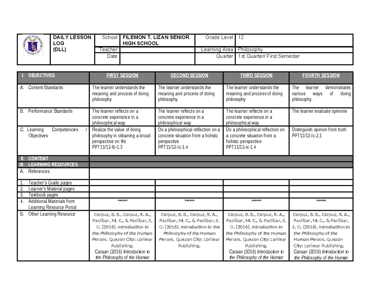 Week 3 Daily Lesson Log in Philosophy (DLL) - Grade 12 - Studocu