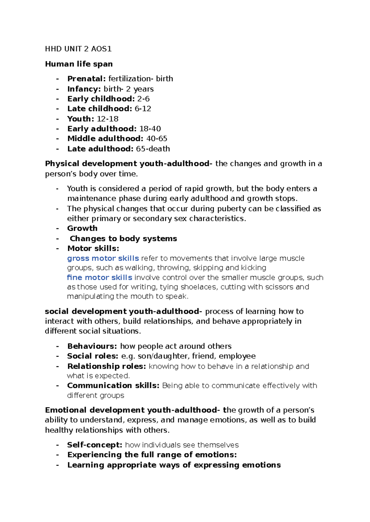 HHD UNIT 2 AOS1 - Human Lifespan Development: Key Concepts and Notes ...