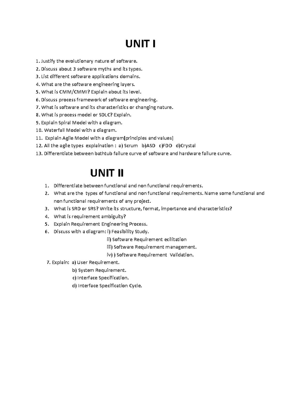 Unitwise Important Questions for Software Engineering SE R22 - Studocu