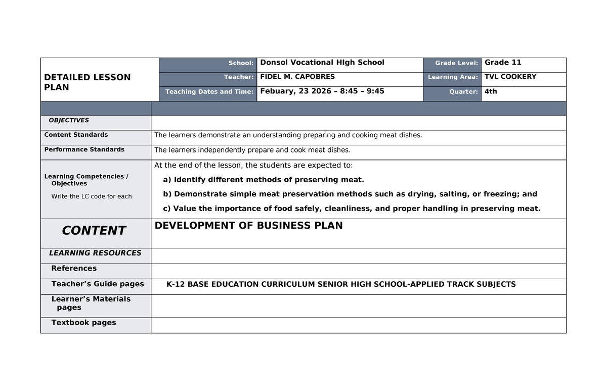 Grade 11 TVL COOKERY: Detailed Lesson Plan on Meat Preservation - Studocu
