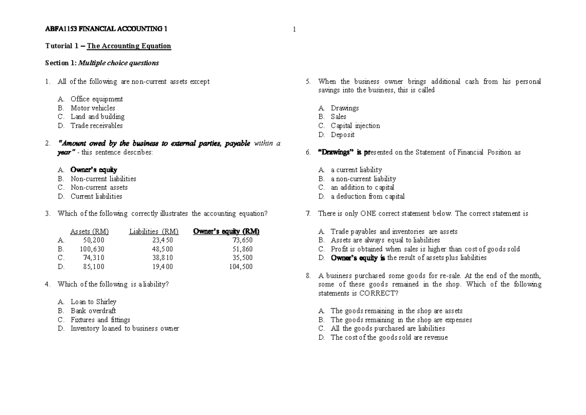 ABFA1153 Tutorial 1: Understanding the Accounting Equation and Its ...
