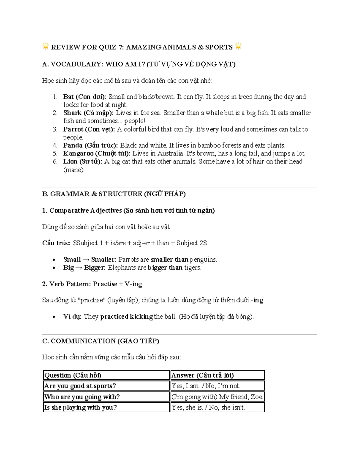 🌟 Review for Quiz 7: Vocabulary & Grammar on Animals (Lớp 6) - Studocu