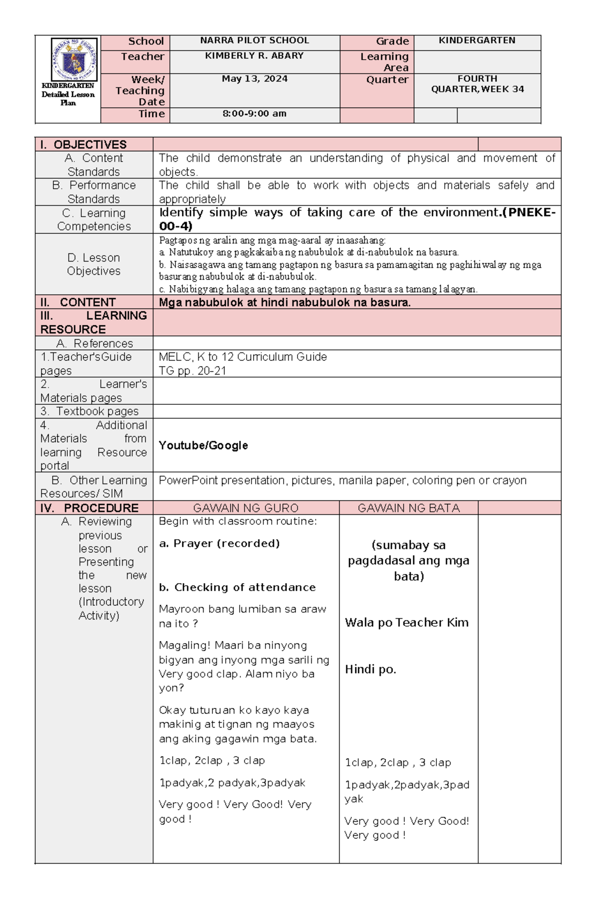 KINDERGARTEN Lesson Plan: Waste Management (Week 34, May 2024) - Studocu