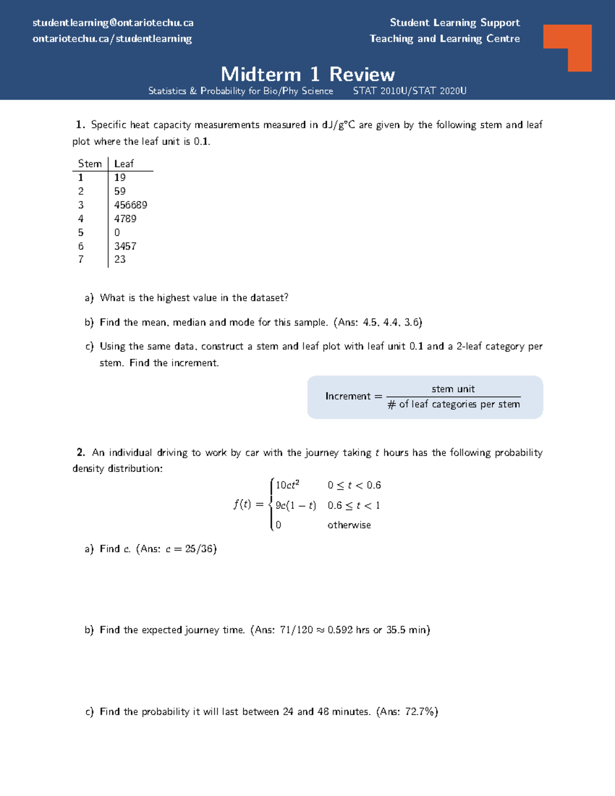 STAT 2020U Midterm 1 Review: Statistics & Probability Insights - Studocu