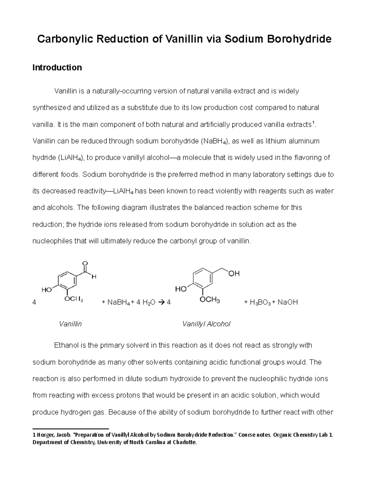 Carbonylic Reduction of Vanillin to Vanillyl Alcohol via NaBH4 - Studocu