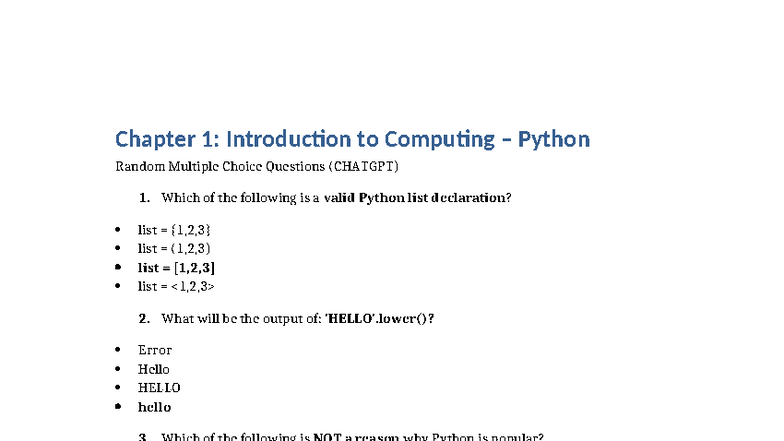 ITC Midterm Review: Python Random MCQs and Concepts - Studocu