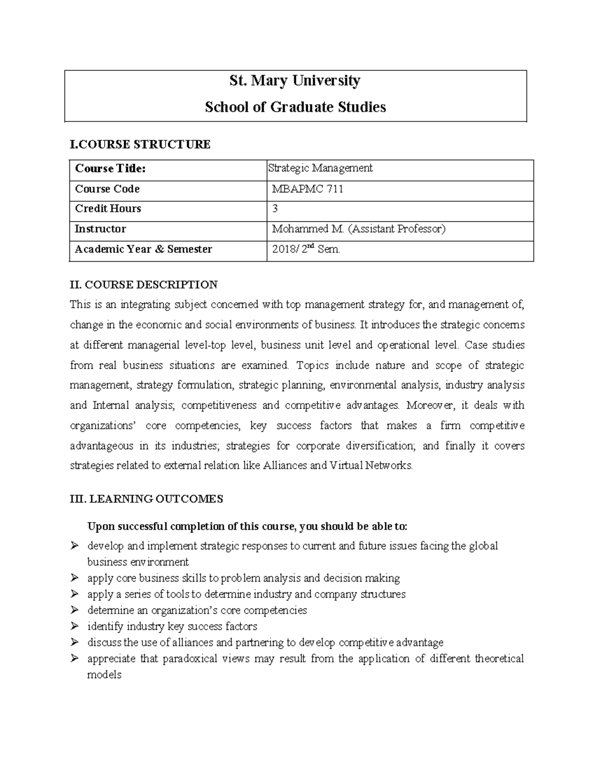 Strategic Management Course Outline - MBAPMC 711 Syllabus - Studocu