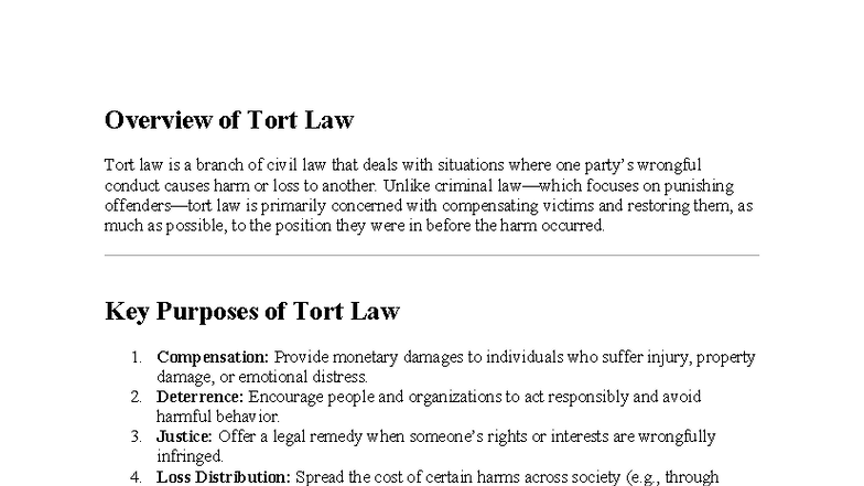 Tort Law Overview: Key Concepts and Types - Summary Document - Studocu
