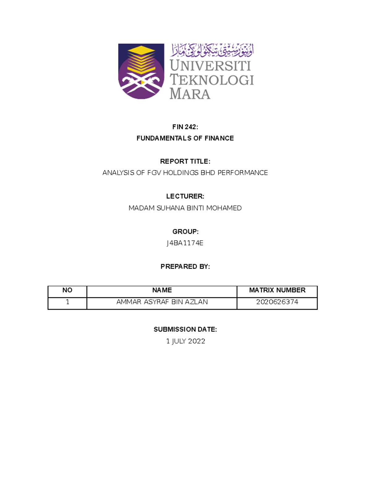 Individual Report FIN242 - FIN 242: FUNDAMENTALS OF FINANCE REPORT ...