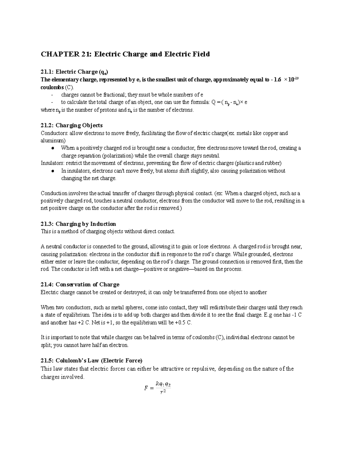PHYS 207: Chapter 21-25 Notes on Electric Charge & Fields - Studocu