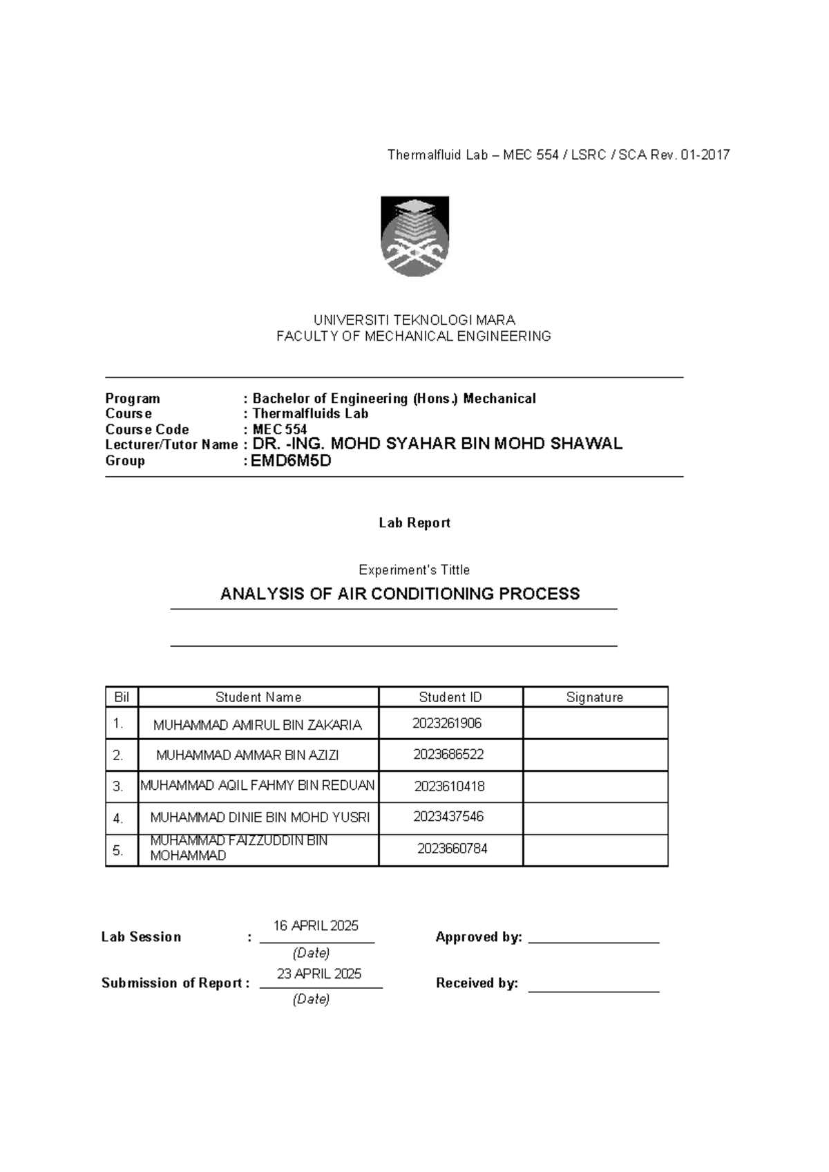 Analysis of Air Conditioning Process - Lab Report MEC 554 - Studocu