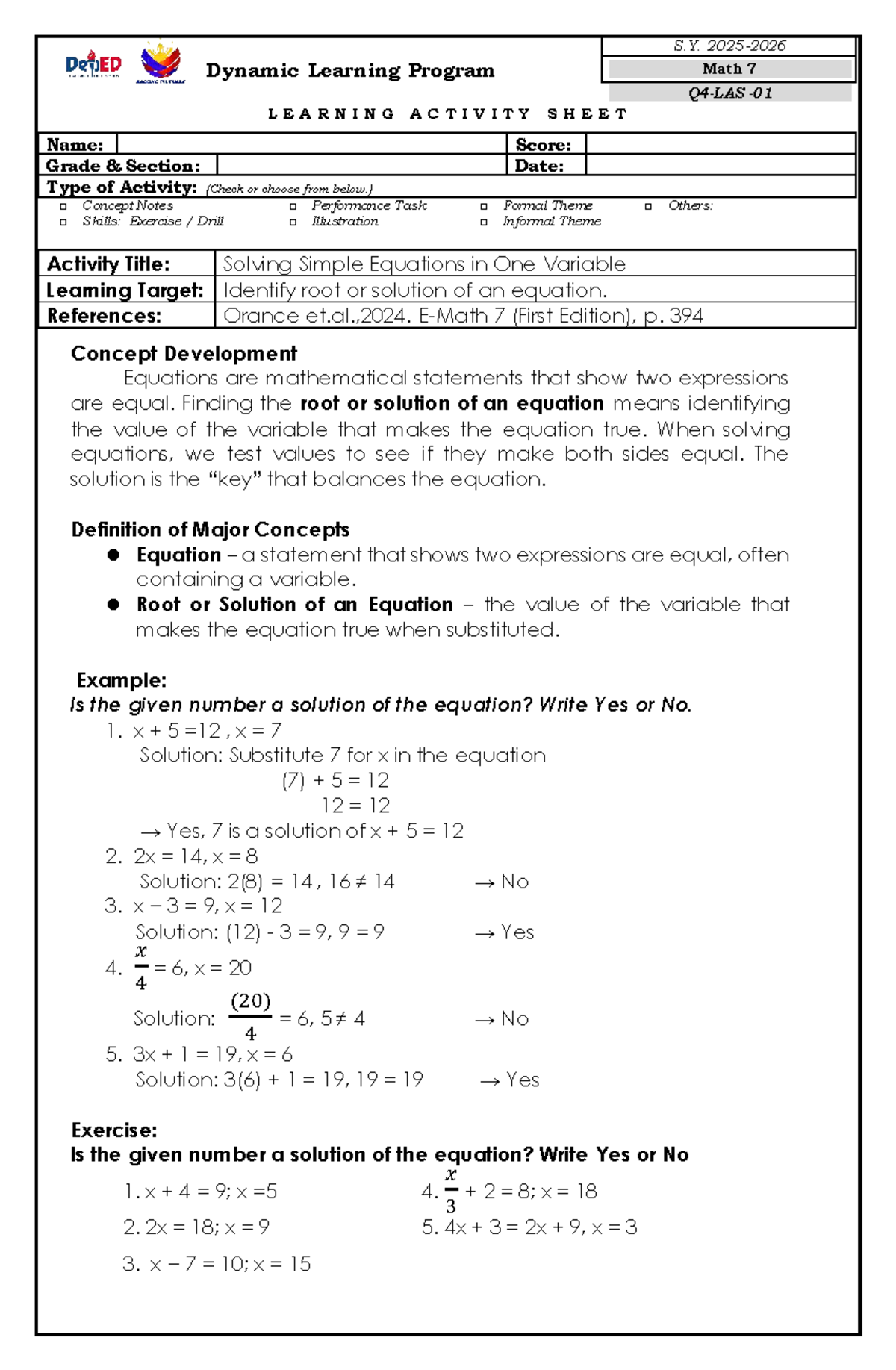 FIN Q4 LAS&TN Math 7 Consolidated Learning Activities on Algebraic ...
