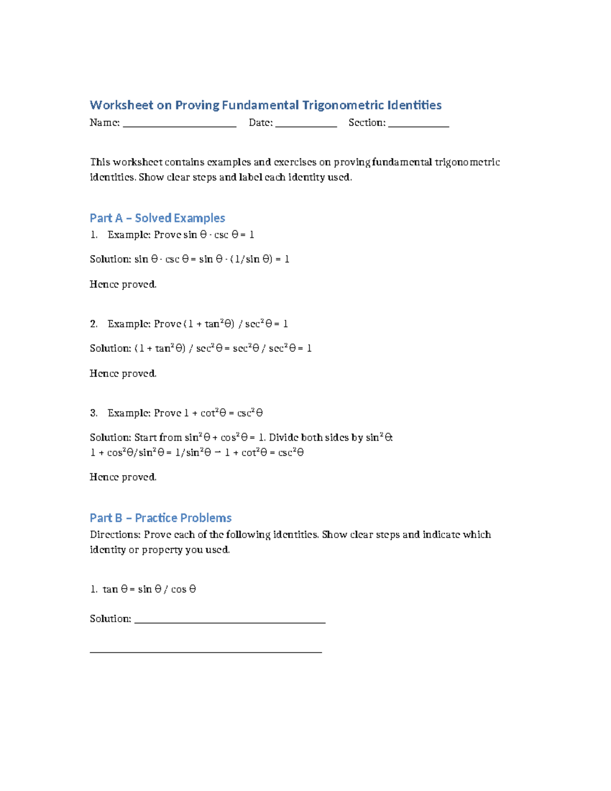 Worksheet on Fundamental Trigonometric Identities (Trigonometry) - Studocu