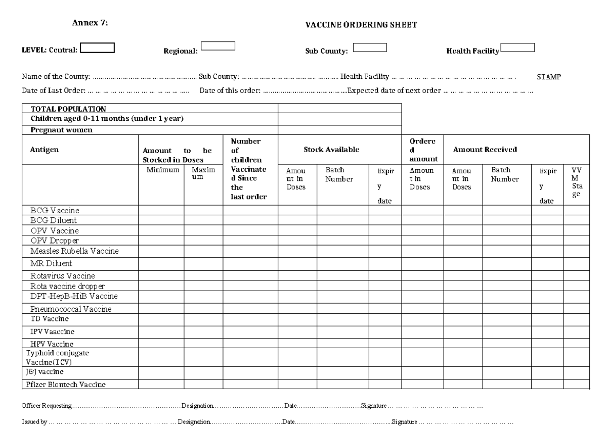 Updated Vaccine Ordering Sheet - Annex 7: Oct 2025 - Studocu