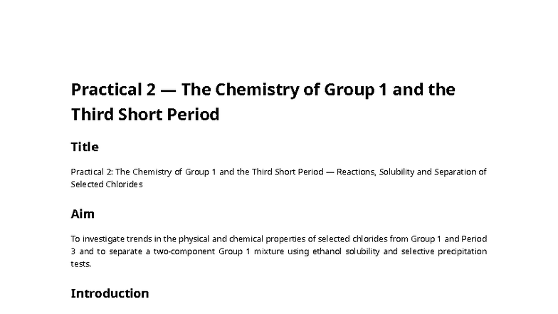 Practical 2: Group 1 and Period 3 Chlorides - Reactions & Solubility ...