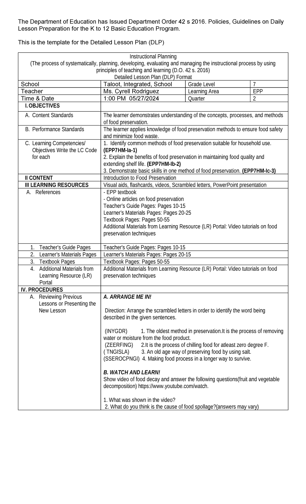 Template for Detailed Lesson Plan (DLP) - DO 42, s2016 - Food ...