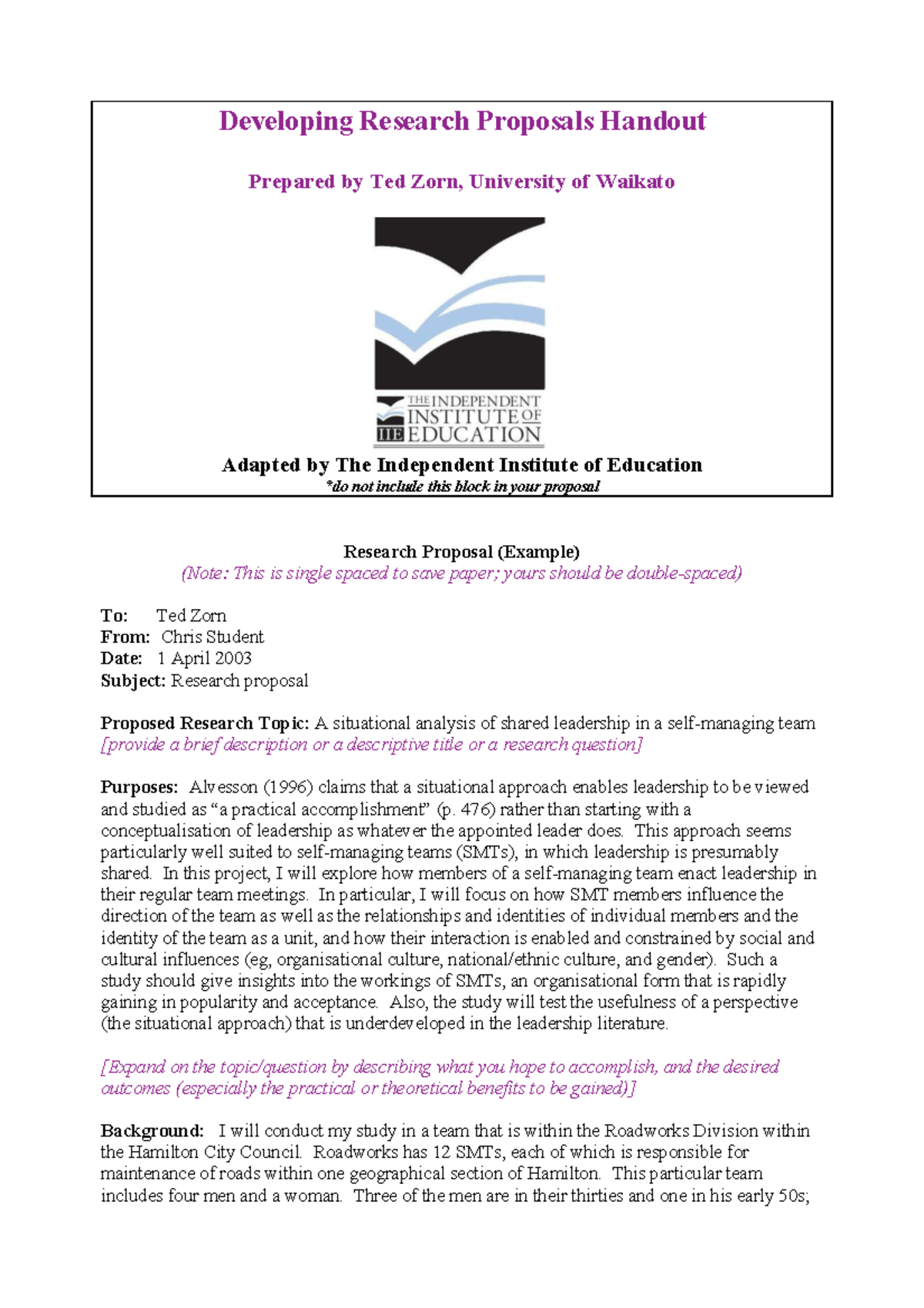 Research Proposal Example: Shared Leadership in Self-Managing Teams ...