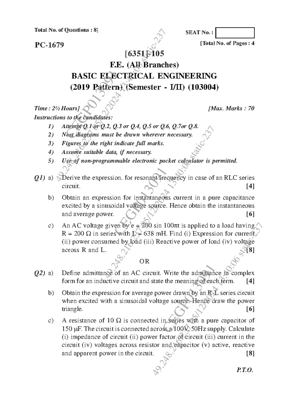 BASIC ELECTRICAL ENGINEERING (103004) Nov-Dec 2024 Question Paper - Studocu