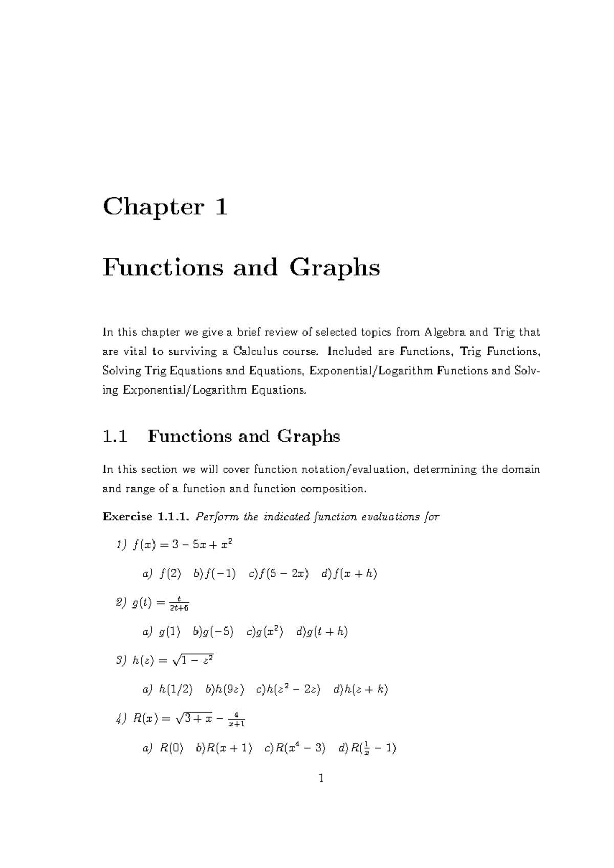 Chapter 1: Functions and Graphs - Review for Calculus (Exrcise Cal I ...