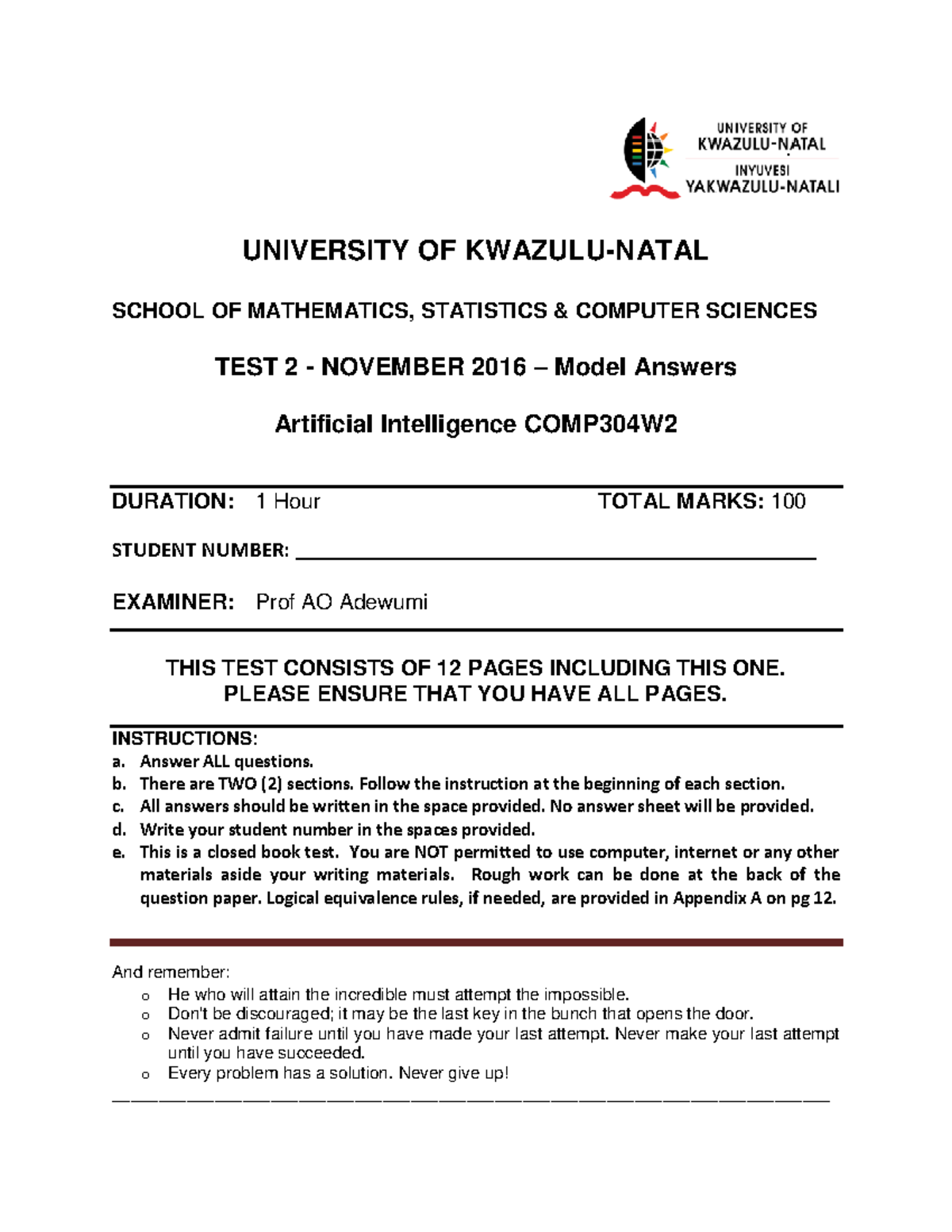 COMP304W2 2016 Test 2 Model Answers: Artificial Intelligence - Studocu