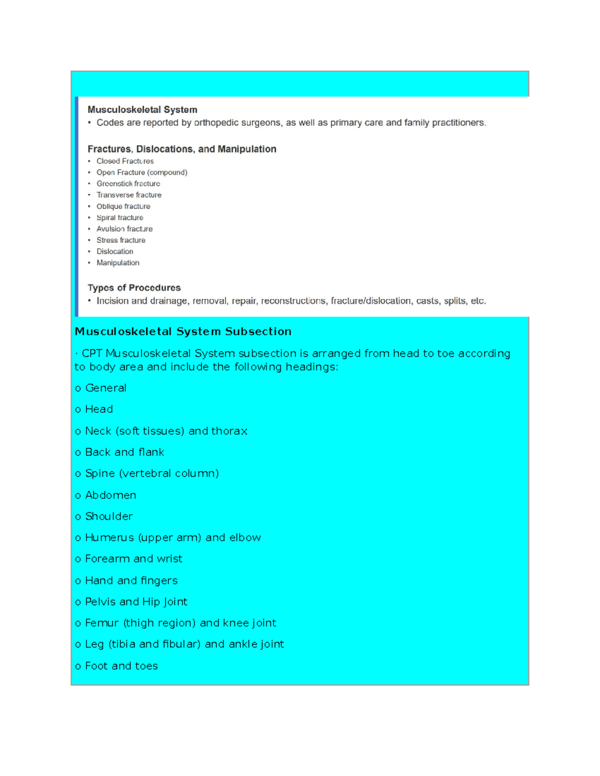 CPT Musculoskeletal System Subsection Overview and Key Procedures - Studocu