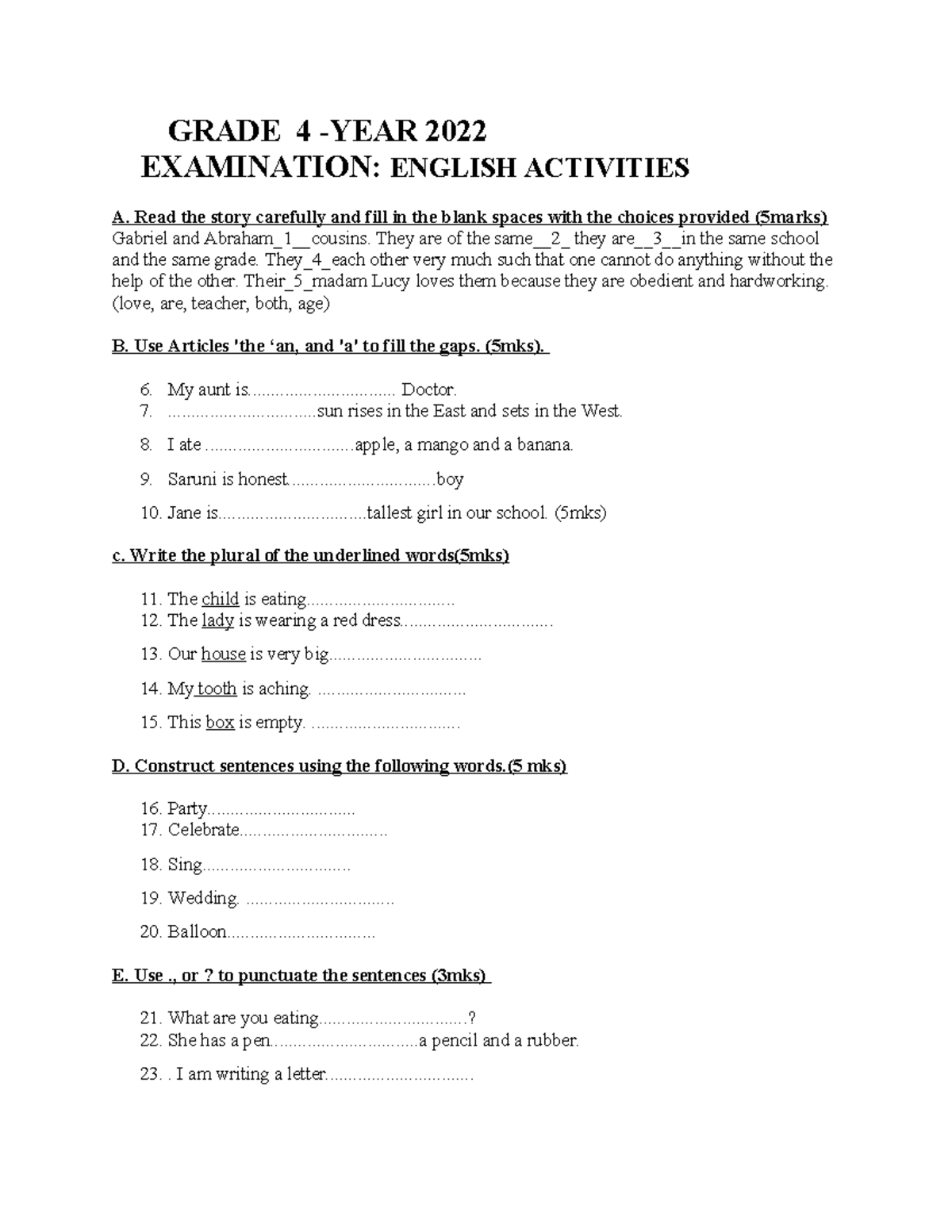 Grade 4 ENG - English Activities Exam: Comprehension & Grammar - Studocu
