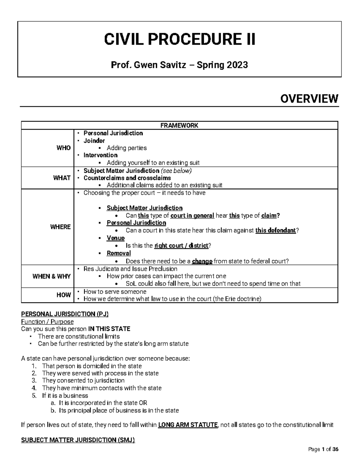 Savitz Civil Procedure II Lecture Notes - Spring 2023 - Studocu