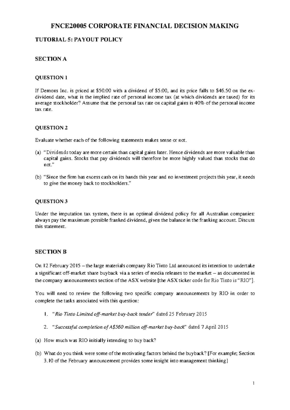 FNCE20005 Tutorial 5: Payout Policy Solutions 2021 - Studocu