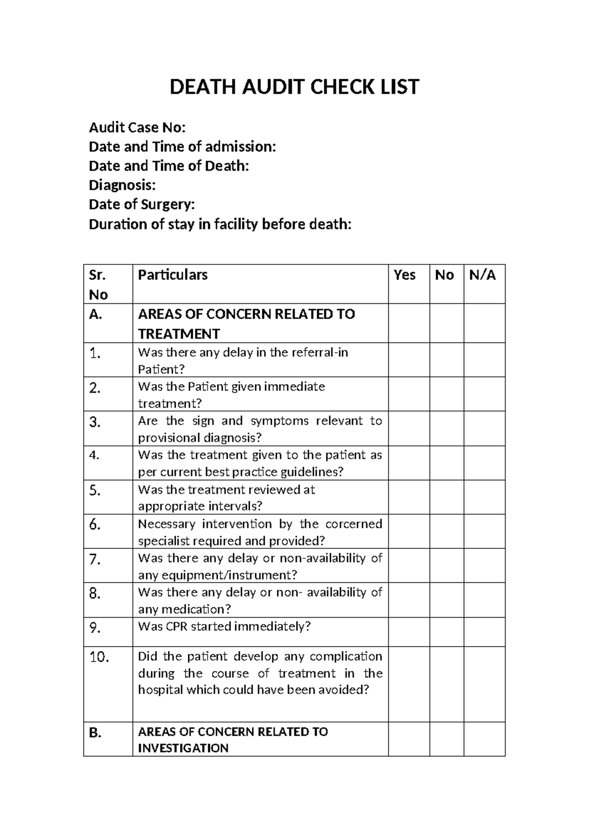 Death Audit Checklist: Evaluation of Patient Care and Treatment Quality ...