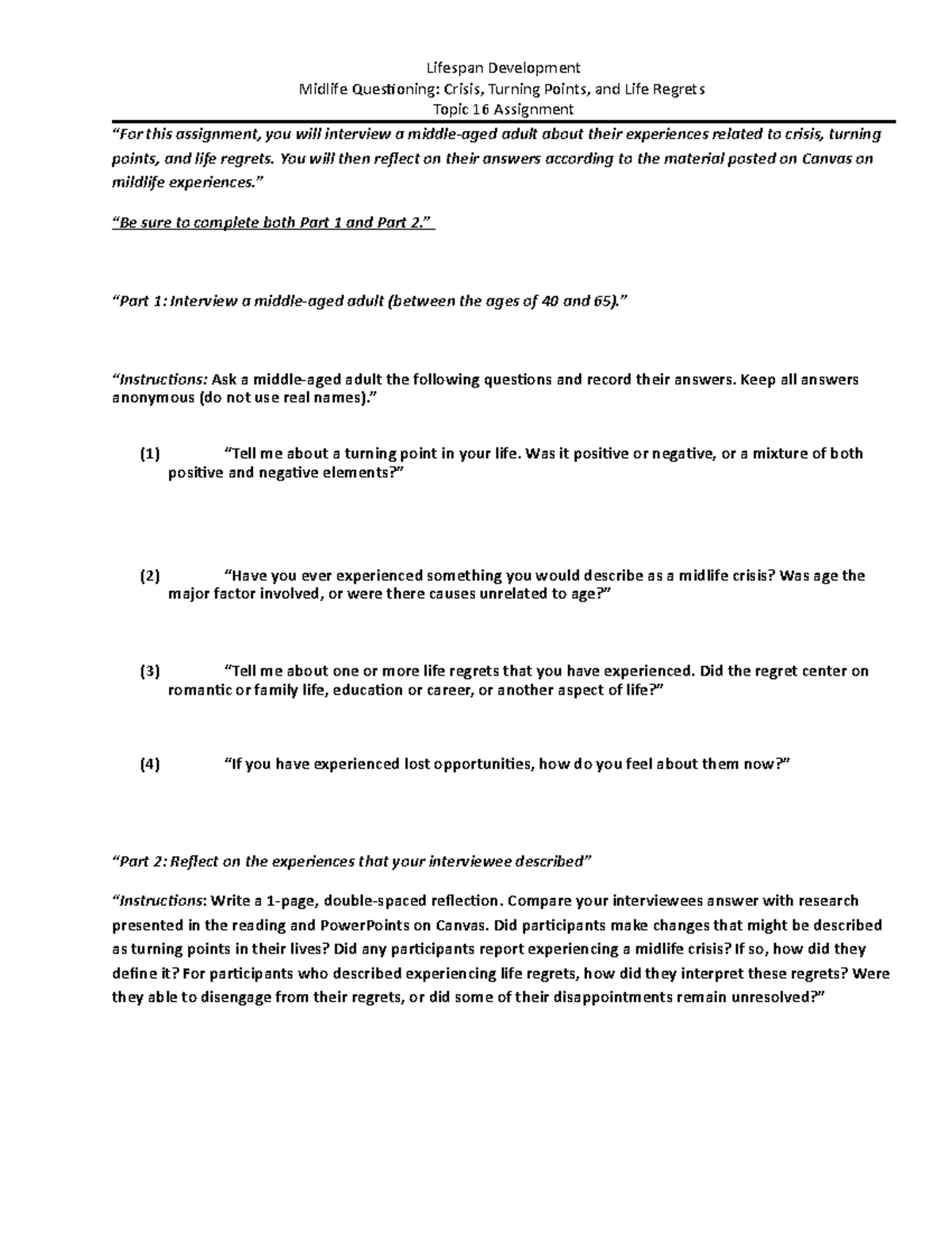 Topic 16. Assignment - Lifespan Development & Midlife Reflections - Studocu