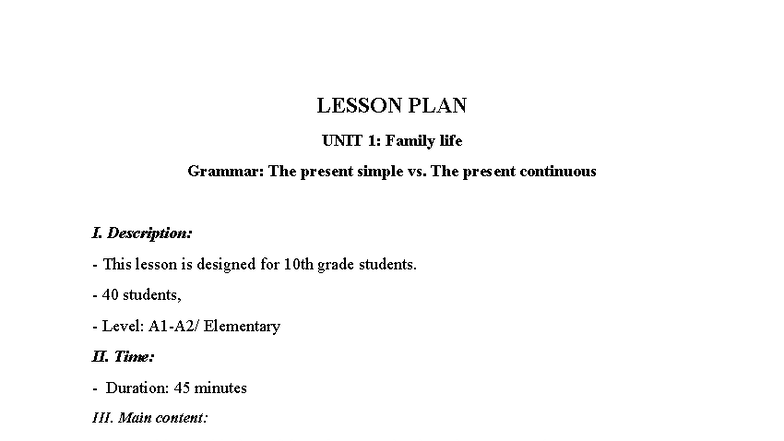 LESSON PLAN UNIT 1: Family Life - Present Simple vs. Continuous - Studocu