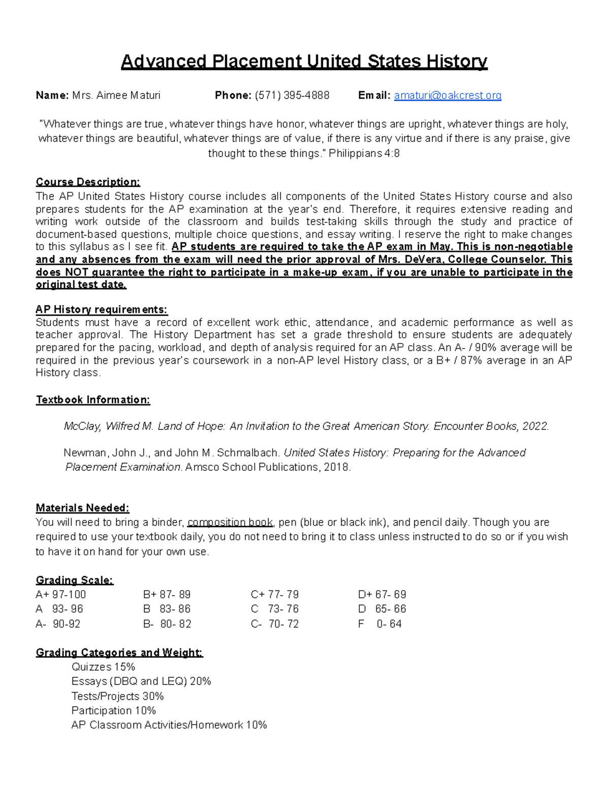 Apush-Syllabus - SYLLABUS FOR APUSH! - Advanced Placement United States ...