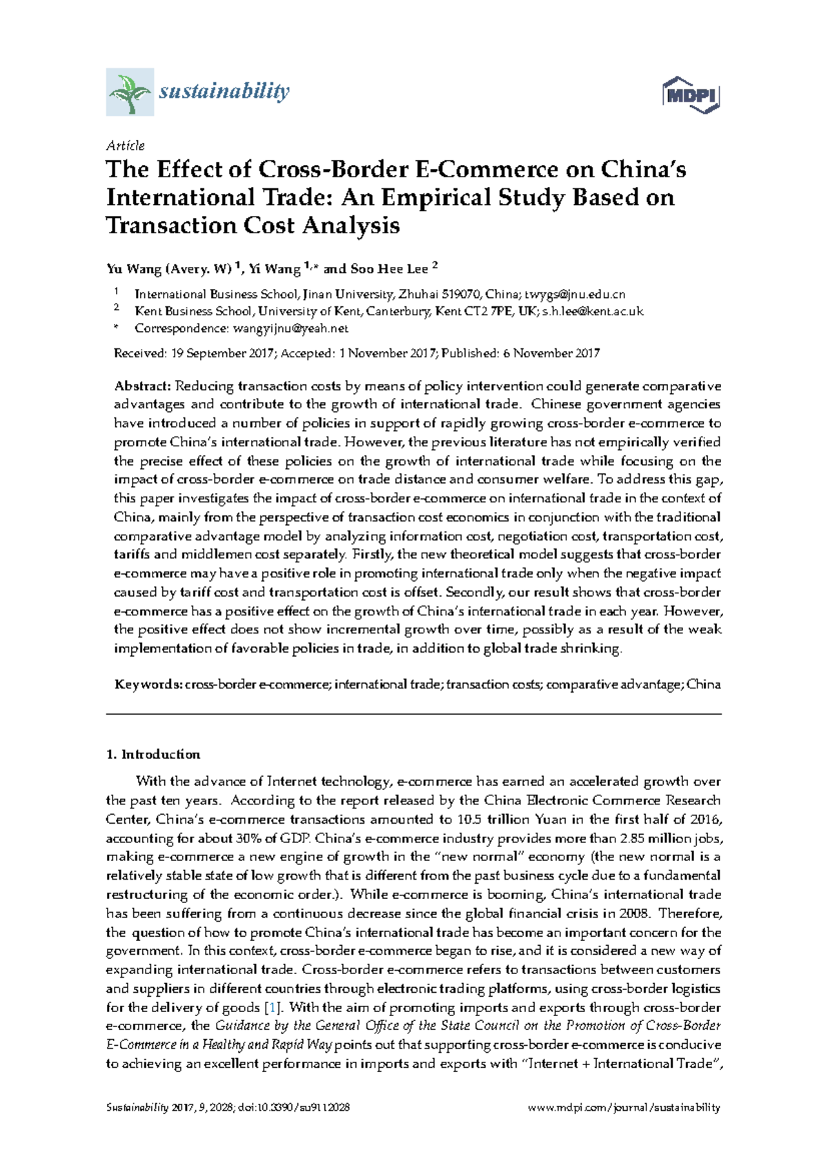 The Impact of E-commerce on International Trade: A Transaction Cost ...