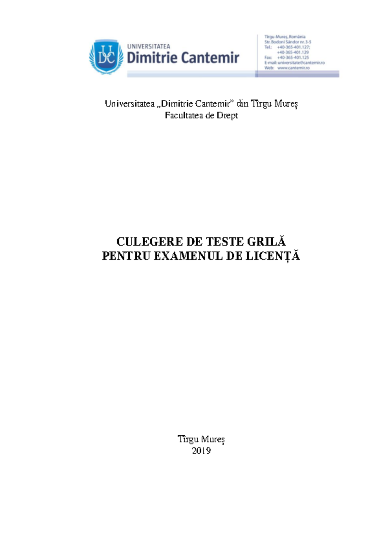 Culegere teste grila licenta Drept 2019 pdf - Universitatea „Dimitrie ...