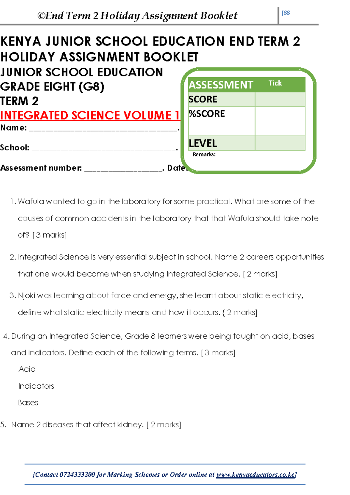 Grade 8 JSS Term 2 Holiday Assignment: Integrated Science Booklet - Studocu