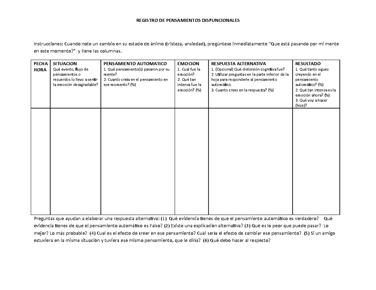 RPD español - Instrumento para Registro y Modificación de Pensamientos ...