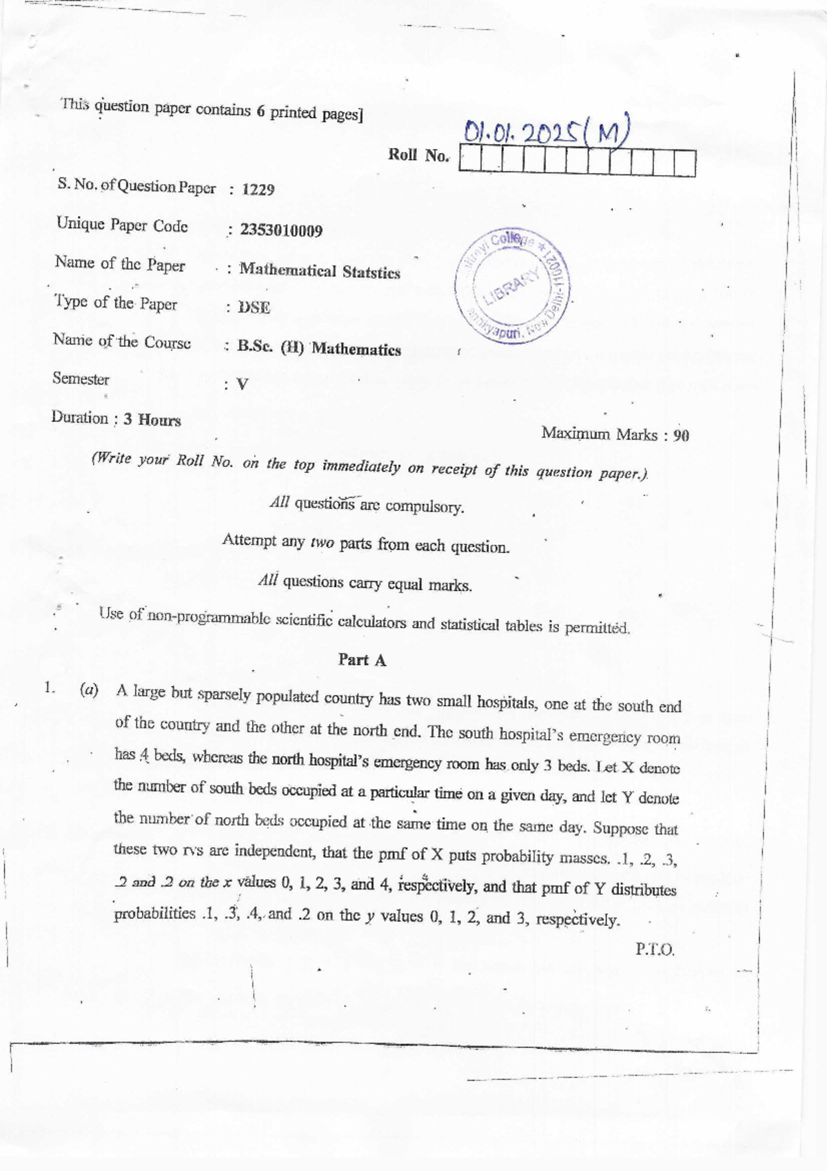 Mathematical Statistics 1229: Comprehensive Question Paper for B.Sc. (H ...
