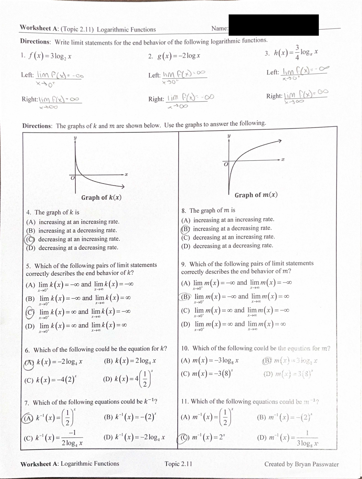 2.11 Worksheet A: Logarithmic Functions - Limit Statements & Graphs ...