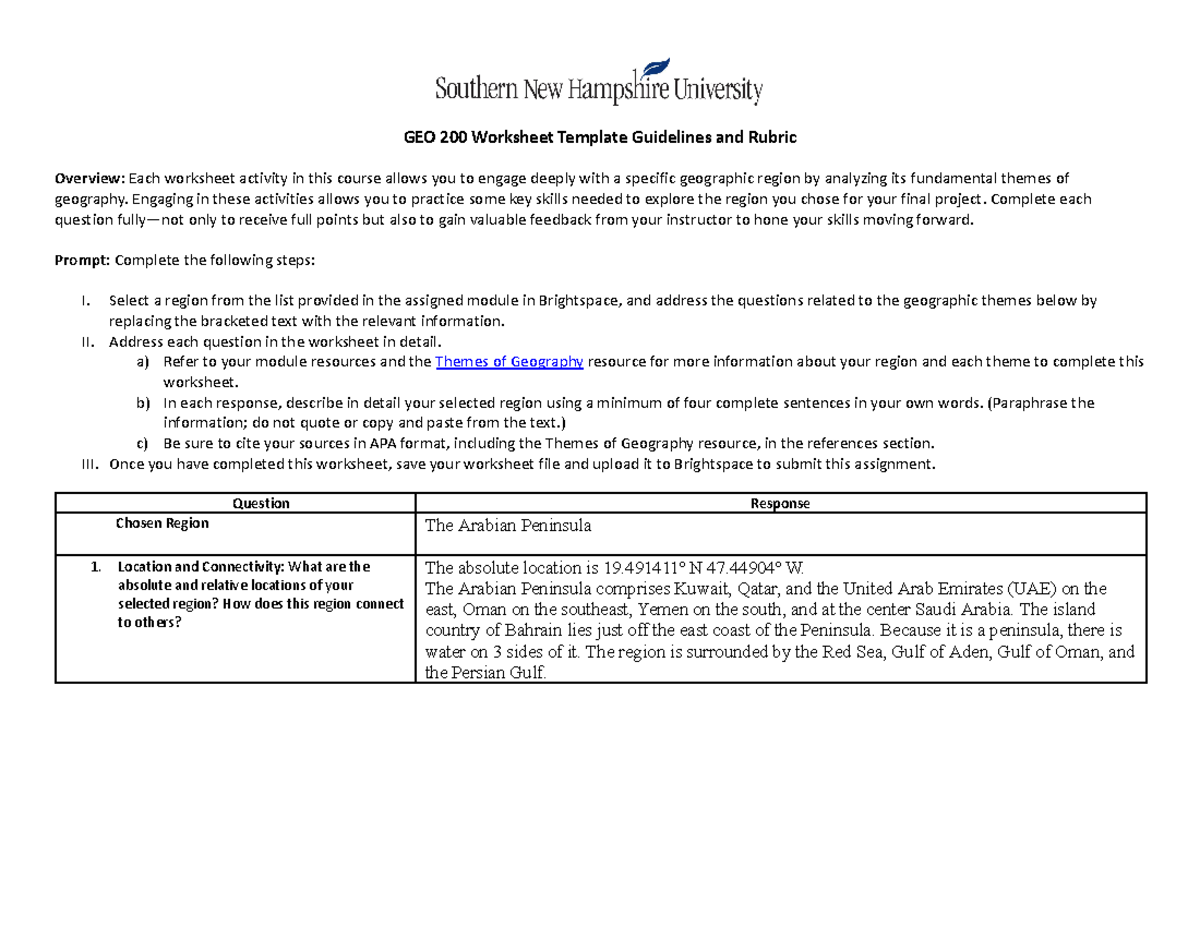 Geo200.Module 4 - Module Four Geography Worksheet: Arabian Peninsula ...