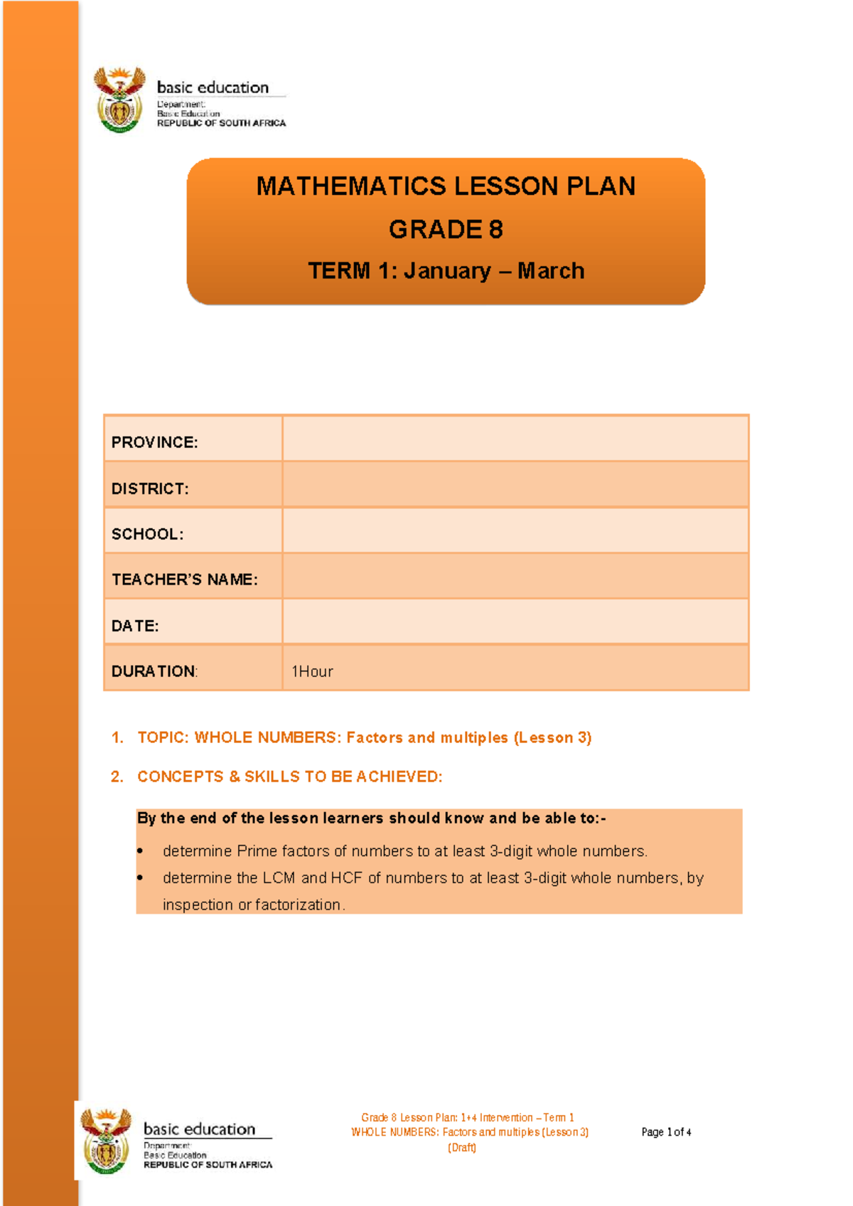 MATHEMATICS GRADE 8 LESSON PLAN: WHOLE NUMBERS (TERM 1) - Studocu