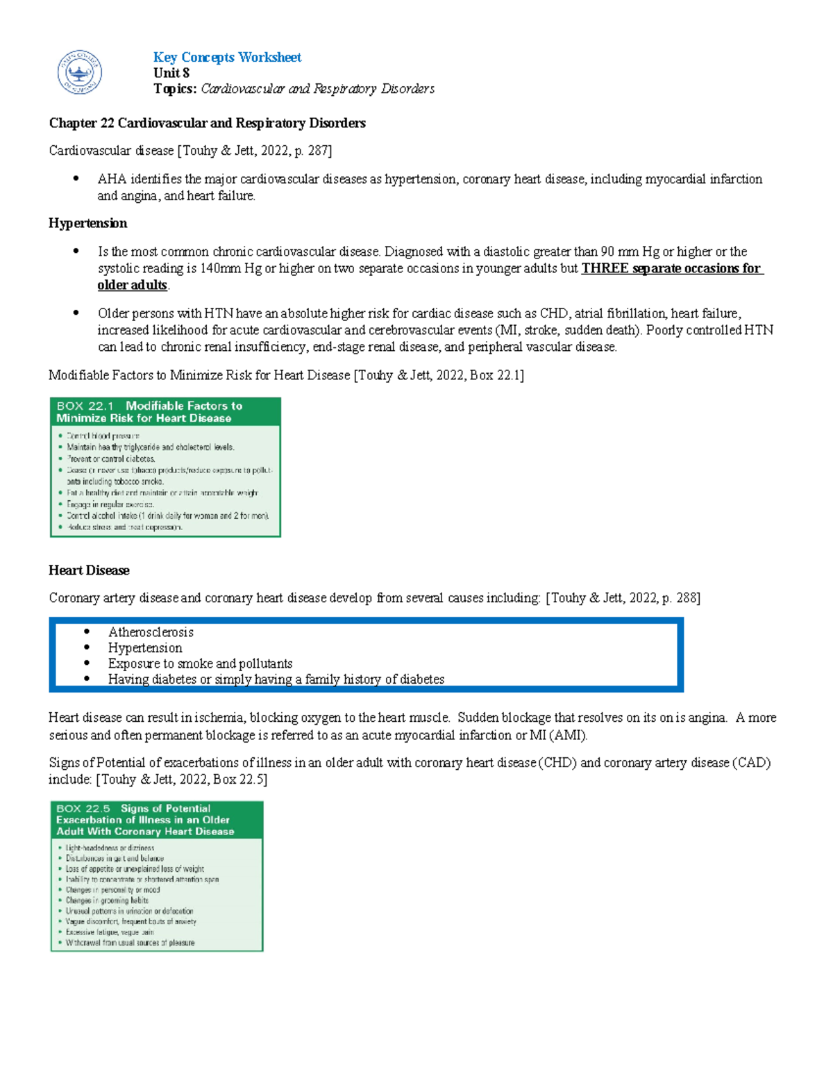 Unit 8 Cardiovascular & Respiratory Disorders Key Concepts Worksheet ...